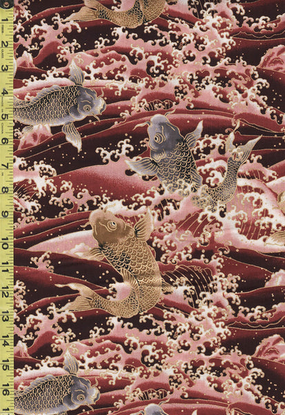 *Japanese - Naka Koi & Crested Waves - N-2700-11C - Maroon - By the Ya ...
