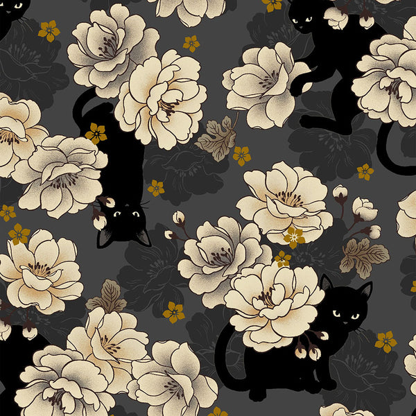 *Quilt Gate - Neko Mini Cats & Peonies - HR3450-11F - CHARCOAL (DARK G ...