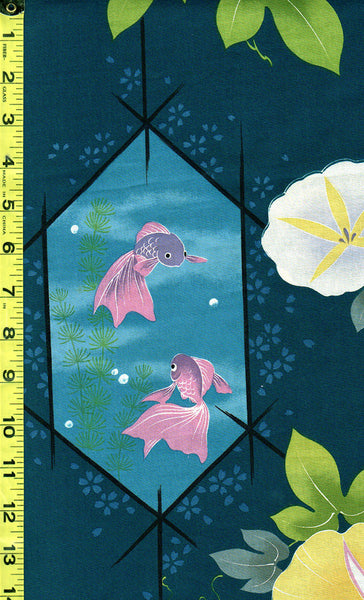Yukata Fabric - 527 - Goldfish & Morning Glories - Prussian Blue ...